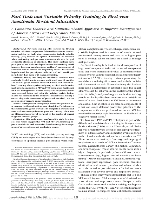 (PDF) Part Task and Variable Priority Training in First-year Anesthesia Resident Education