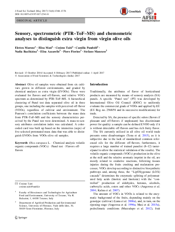 (PDF) Sensory, spectrometric (PTR–ToF–MS) and chemometric analyses to distinguish extra virgin ...