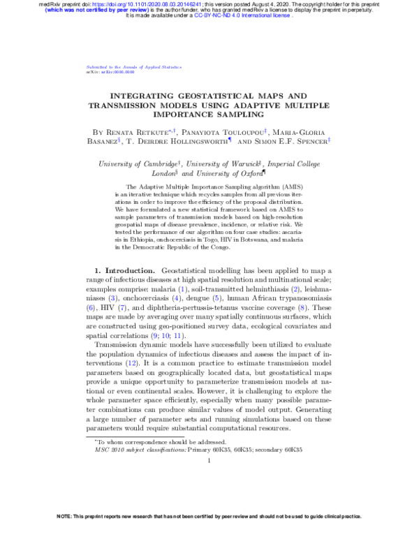 (PDF) Integrating geostatistical maps and transmission models using adaptive multiple importance ...