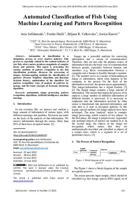 (PDF) Automated Classification of Fish Using Machine Learning and Pattern Recognition