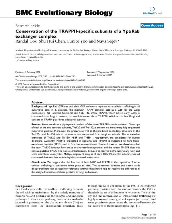 (PDF) Conservation of the TRAPPII-specific subunits of a Ypt/Rab ...
