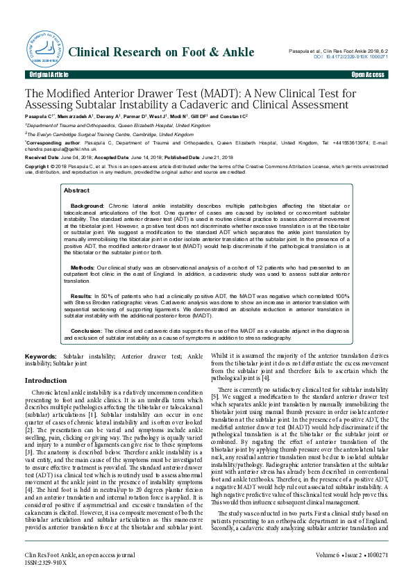 (PDF) The Modified Anterior Drawer Test (MADT): A New Clinical Test for ...