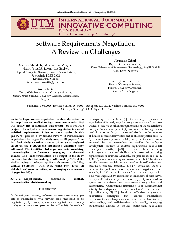 (PDF) Software Requirements Negotiation: A Review on Challenges