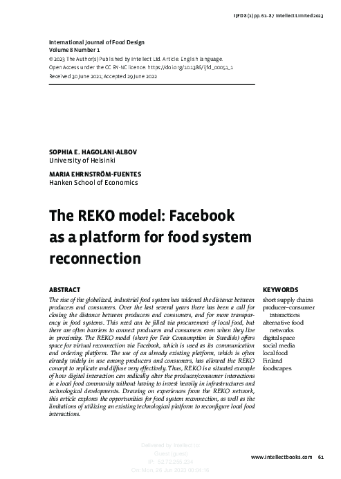 (PDF) The REKO model: Facebook as a platform for food system reconnection