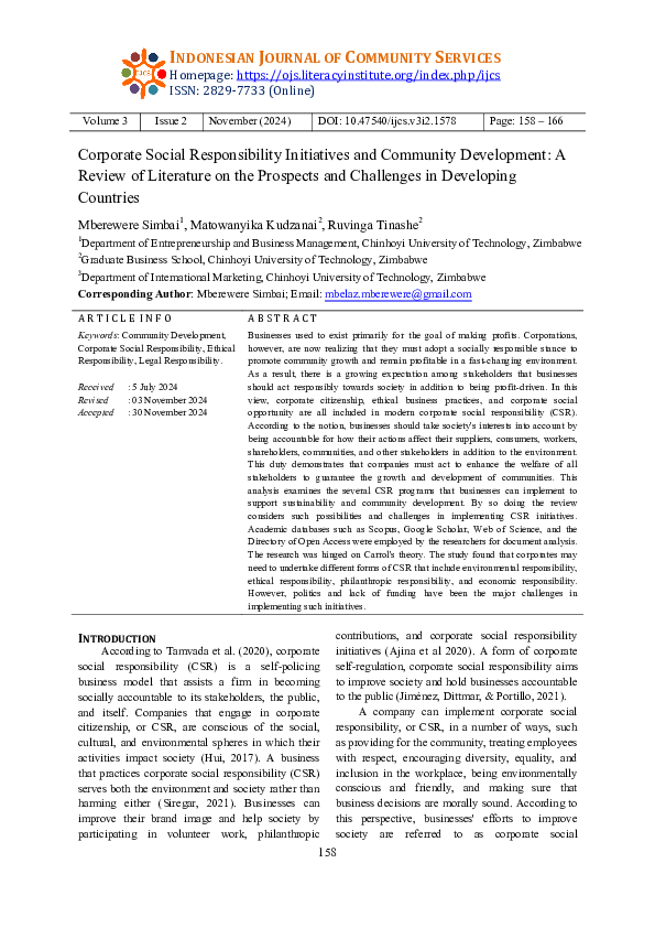 (PDF) Corporate Social Responsibility Initiatives and Community Development: A Review of ...