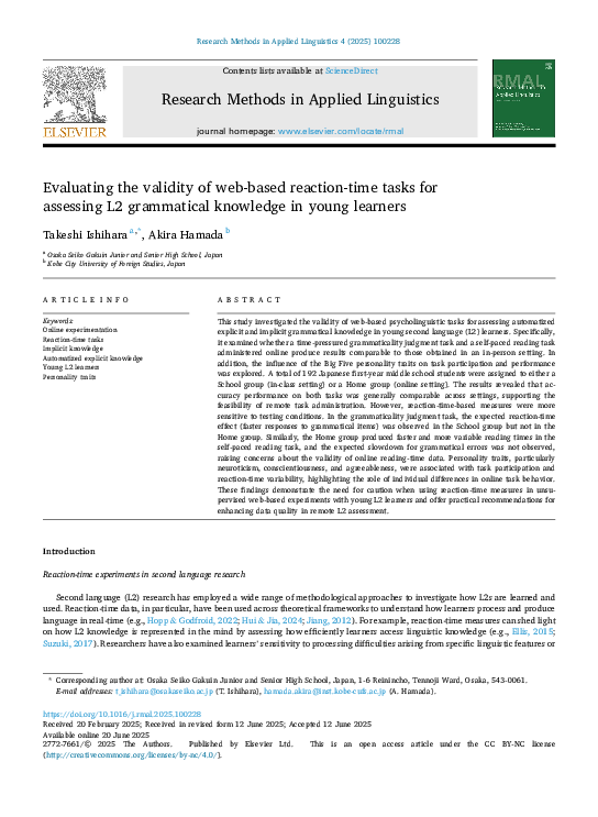 (PDF) Evaluating the Validity of Web-Based Reaction-Time Tasks for Assessing L2 Grammatical ...