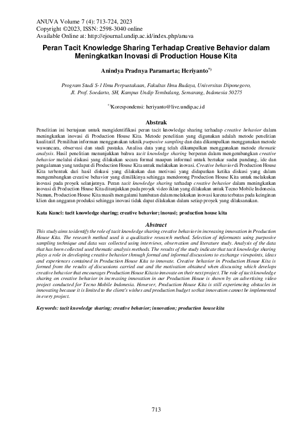 (PDF) Peran Tacit Knowledge Sharing terhadap Creative Behaviour dalam Meningkatkan Inovasi di ...