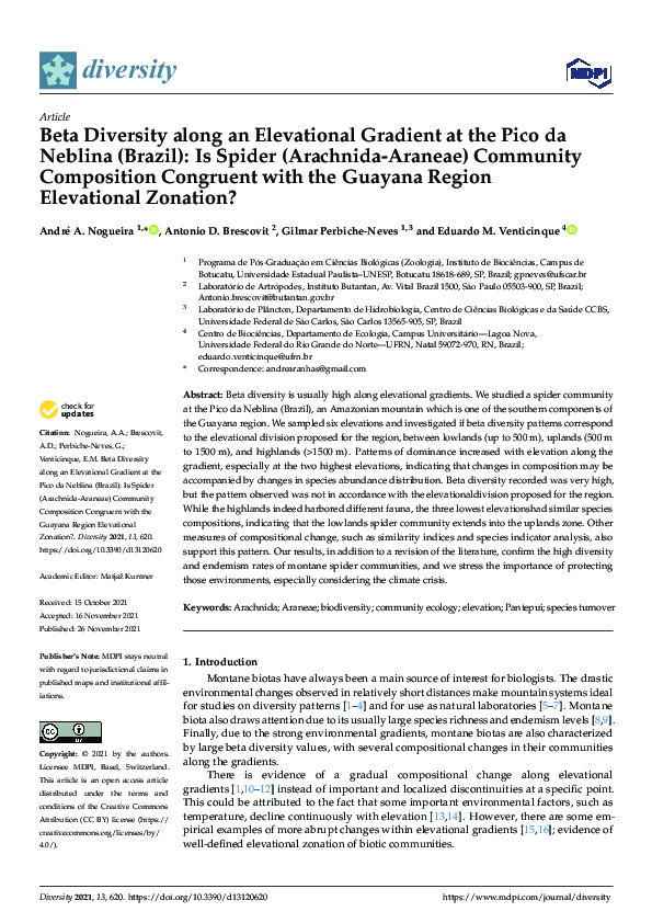 (PDF) Beta Diversity along an Elevational Gradient at the Pico da Neblina (Brazil): Is Spider ...