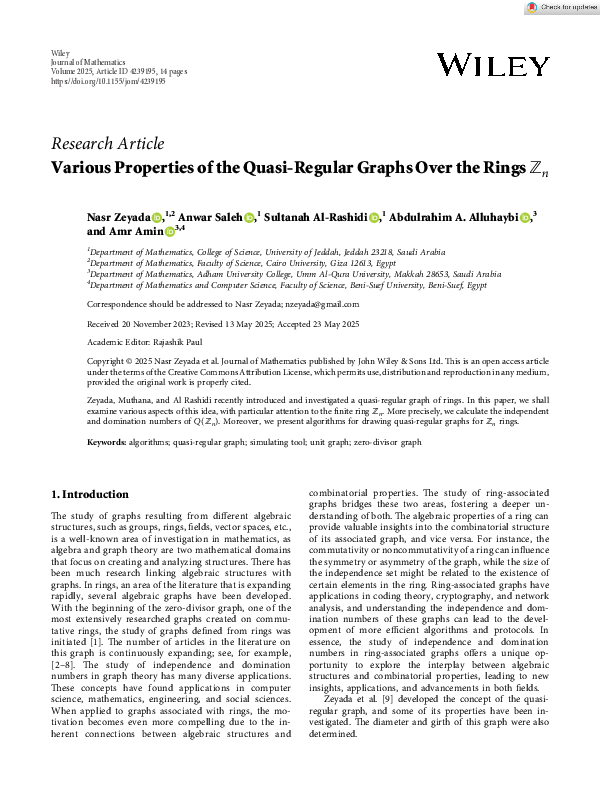 (PDF) Various Properties of the Quasi-Regular Graphs Over the Rings Z n