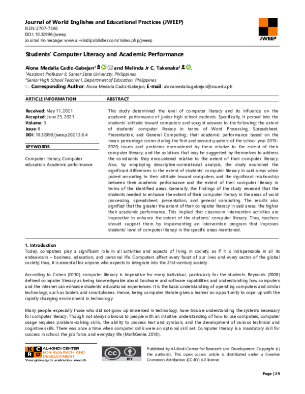 (PDF) Students’ Computer Literacy and Academic Performance