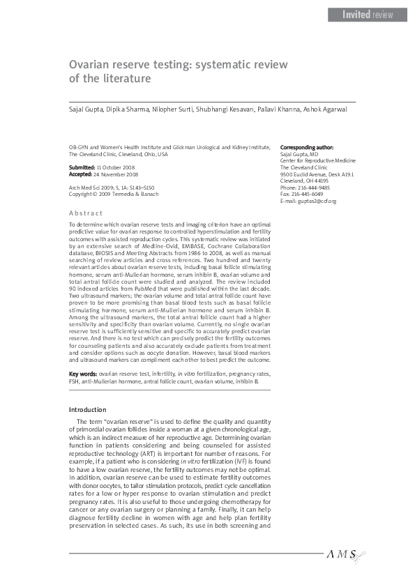 (PDF) Ovarian reserve testing: systematic review of the literature