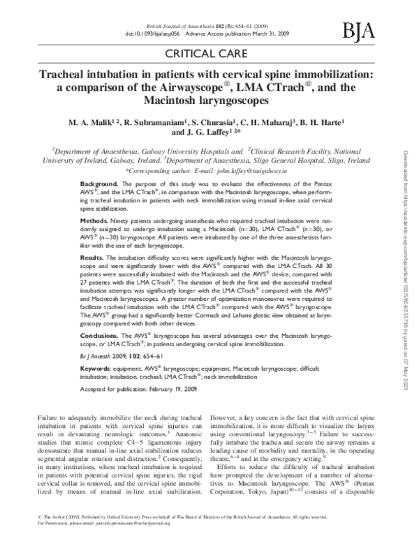 (PDF) Tracheal intubation in patients with cervical spine ...