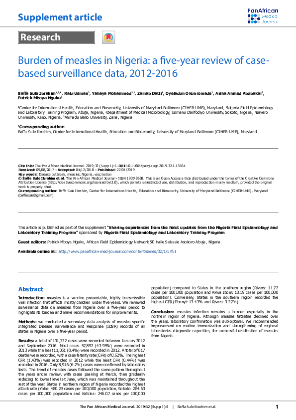 Pdf Burden Of Measles In Nigeria A Five Year Review Of Case Based Surveillance Data 2012 2016