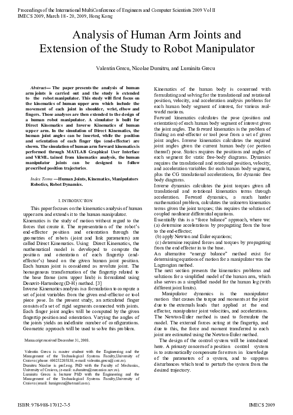 (PDF) Analysis of Human Arm Joints and Extension of the Study to Robot ...