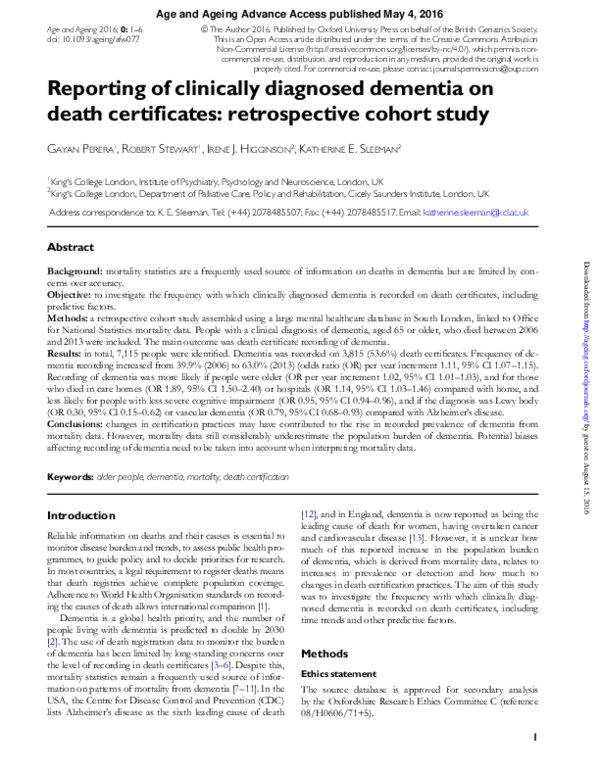 (PDF) Reporting of clinically diagnosed dementia on death certificates ...