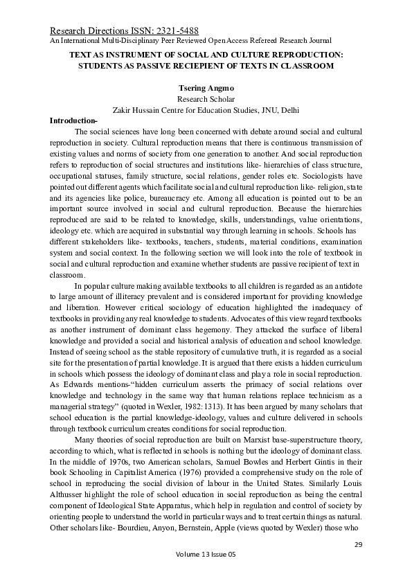 (PDF) TEXT AS INSTRUMENT OF SOCIAL AND CULTURE REPRODUCTION: STUDENTS ...