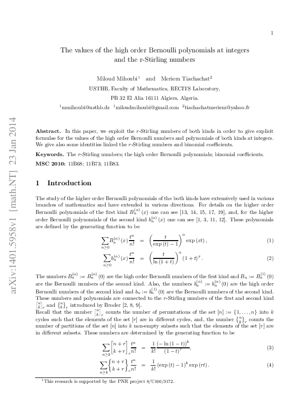 (PDF) The values of the high order Bernoulli polynomials at integers ...