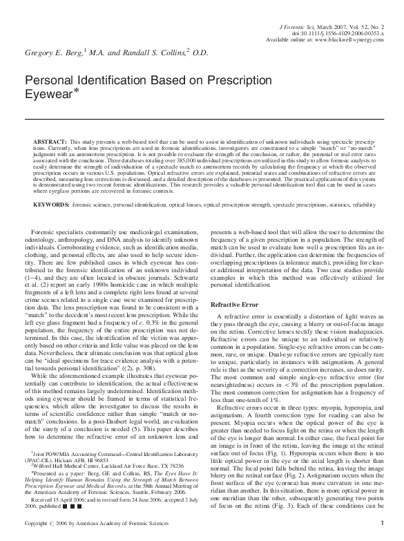 (PDF) Personal Identification Based on Prescription Eyewear