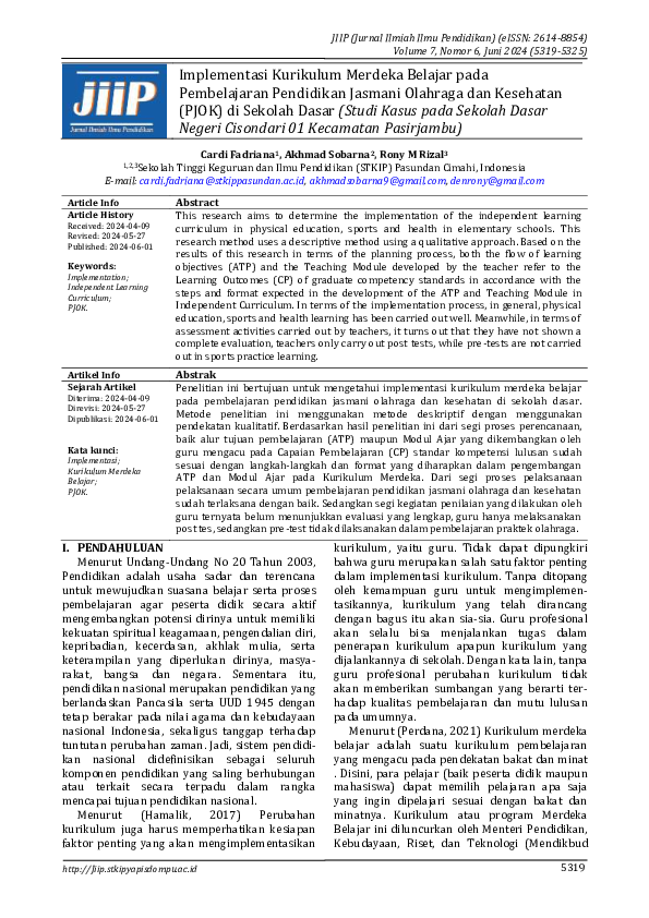 (PDF) Implementasi Kurikulum Merdeka Belajar pada Pembelajaran Pendidikan Jasmani Olahraga dan ...