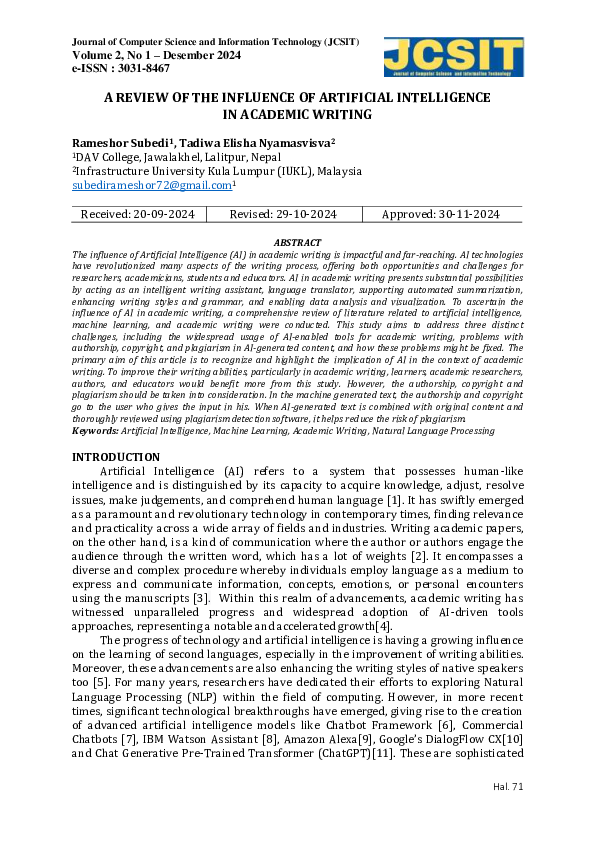 (PDF) A REVIEW OF THE INFLUENCE OF ARTIFICIAL INTELLIGENCE IN ACADEMIC ...
