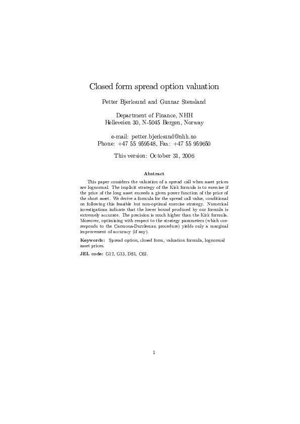 (PDF) Closed Form Spread Option Valuation