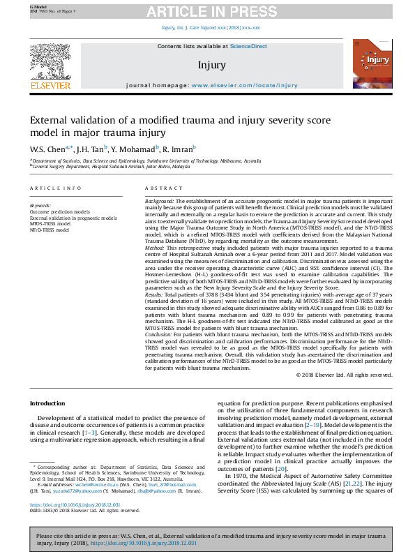 (PDF) External validation of a modified trauma and injury severity score model in major trauma ...