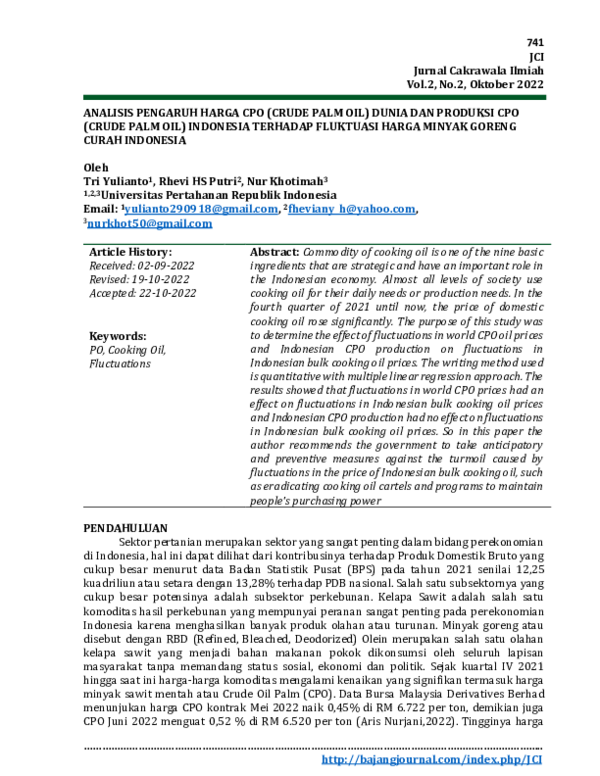 (PDF) Analisis Pengaruh Harga Cpo (Crude Palm Oil) Dunia Dan Produksi Cpo (Crude Palm Oil ...