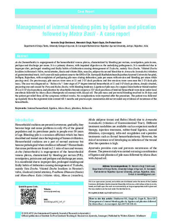 (PDF) {"__content__"=>"Management of internal bleeding piles by ...