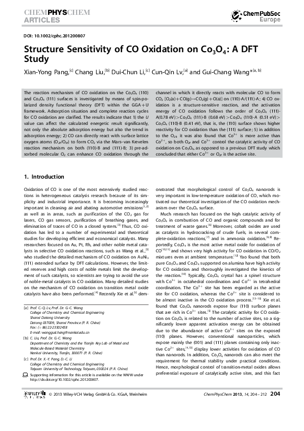 (PDF) Structure Sensitivity of CO Oxidation on Co3O4: A DFT Study