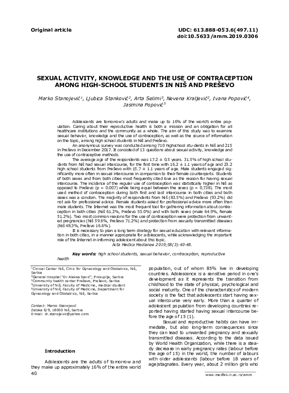 (PDF) Sexual Activity, Knowledge and the Use of Contraception Among ...