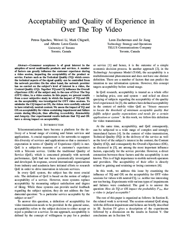 (PDF) Acceptability and Quality of Experience in over the top video