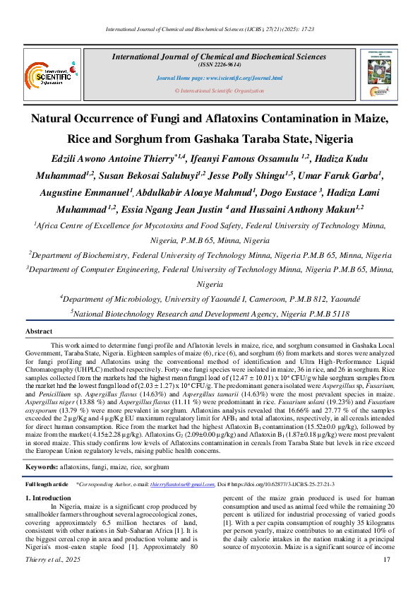 (PDF) Natural Occurrence of Fungi and Aflatoxins Contamination in Maize, Rice and Sorghum from ...