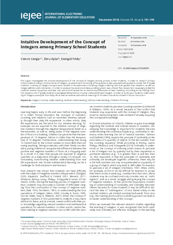 (PDF) Intuitive Development of the Concept of Integers among Primary School Students