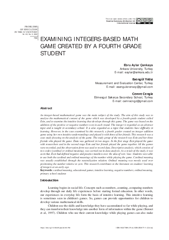 (PDF) EXAMINING INTEGERS-BASED MATH GAME CREATED BY A FOURTH GRADE STUDENT