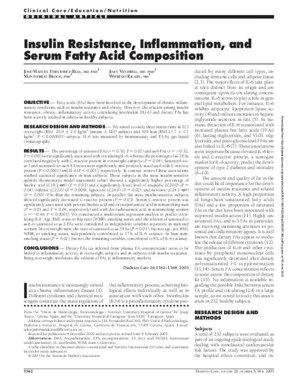(PDF) Insulin Resistance, Inflammation, and Serum Fatty Acid Composition