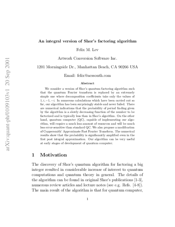 (PDF) An integral version of Shor's factoring algorithm