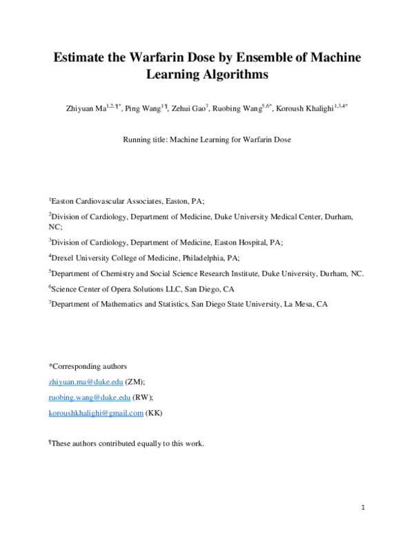 (PDF) Estimate the Warfarin Dose by Ensemble of Machine Learning Algorithms