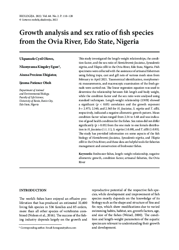 (PDF) Growth analysis and sex ratio of fish species from the Ovia River ...
