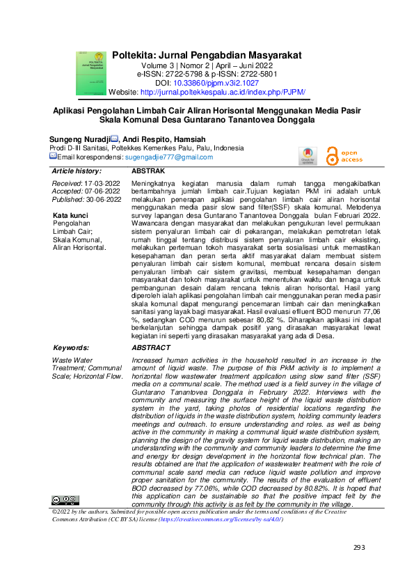 (PDF) Aplikasi Pengolahan Limbah Cair Aliran Horisontal menggunakan Media Pasir Skala Komunal