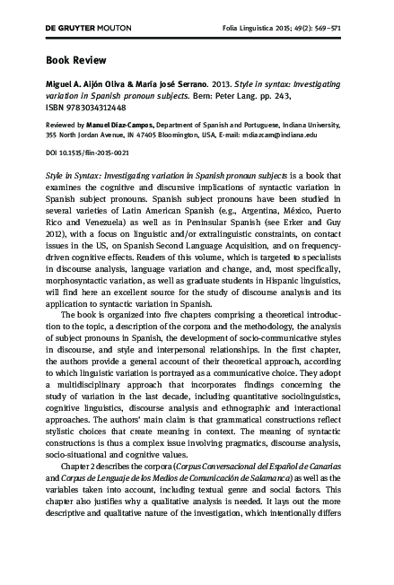 (PDF) Miguel A. Aijón Oliva & María José Serrano: Style in syntax ...