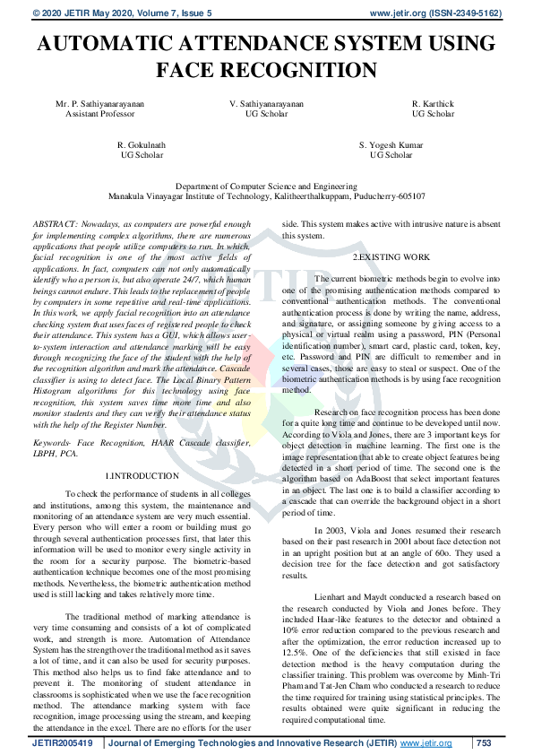 (PDF) Automatic Attendance System Using Face Recognition