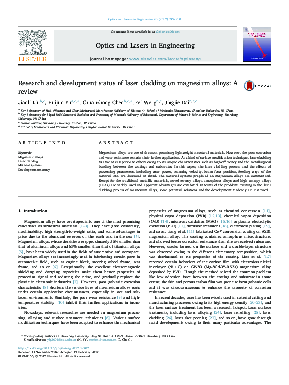 (PDF) Research and development status of laser cladding on magnesium ...