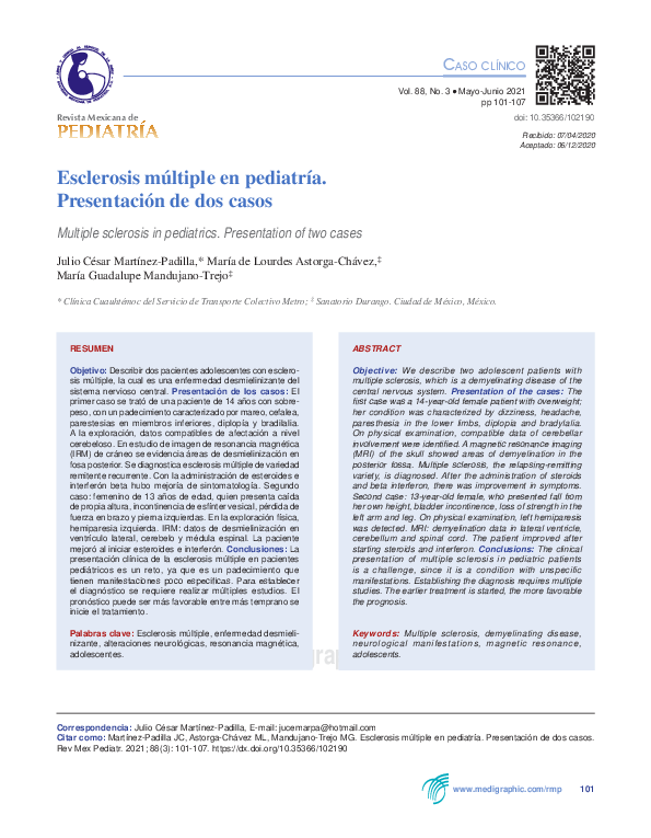 (PDF) Esclerosis múltiple en pediatría. Presentación de dos casos