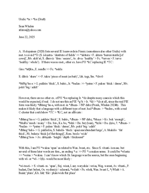 (PDF) Uralic *ts > *ks (Draft)