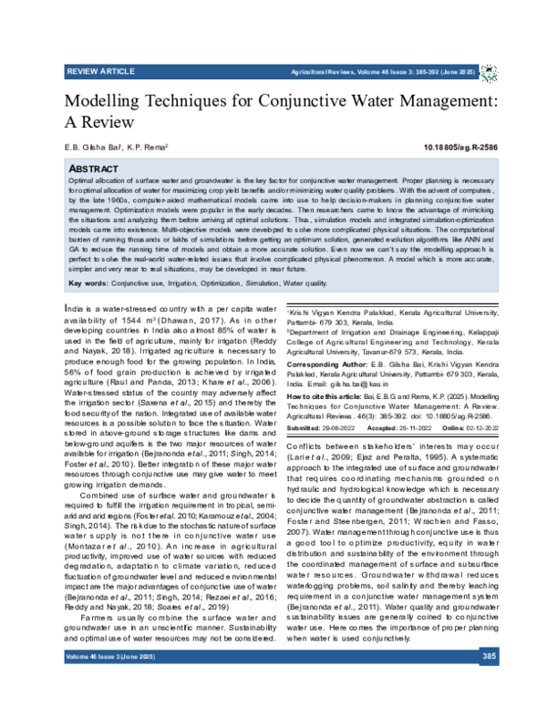 (PDF) Modelling Techniques for Conjunctive Water Management: A Review