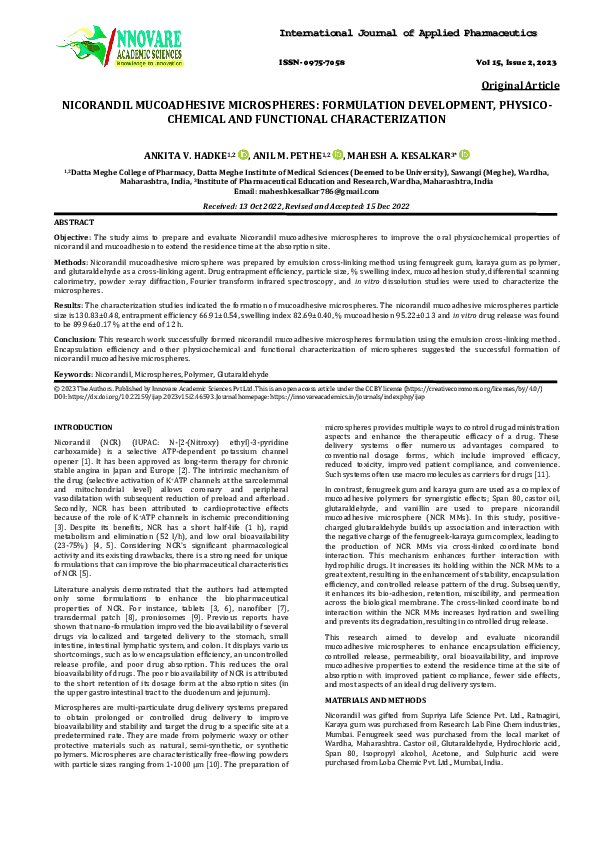 (PDF) Nicorandil Mucoadhesive Microspheres: Formulation Development, Physico-Chemical and ...