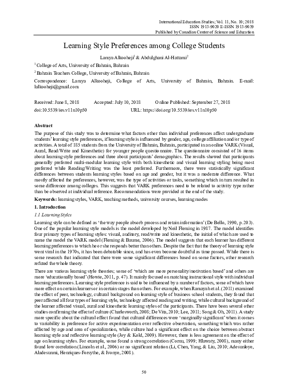 (PDF) Learning Style Preferences among College Students