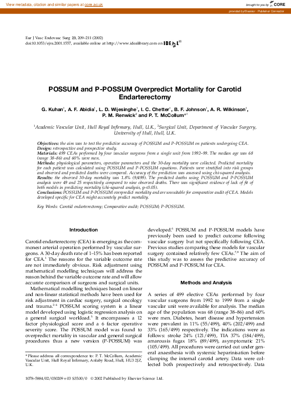 (PDF) POSSUM and P-POSSUM Overpredict Mortality for Carotid Endarterectomy