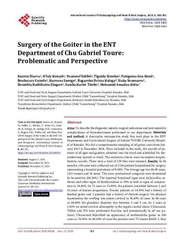 (PDF) Surgery of the Goiter in the ENT Department of Chu Gabriel Toure ...