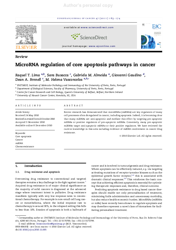 (PDF) MicroRNA regulation of core apoptosis pathways in cancer
